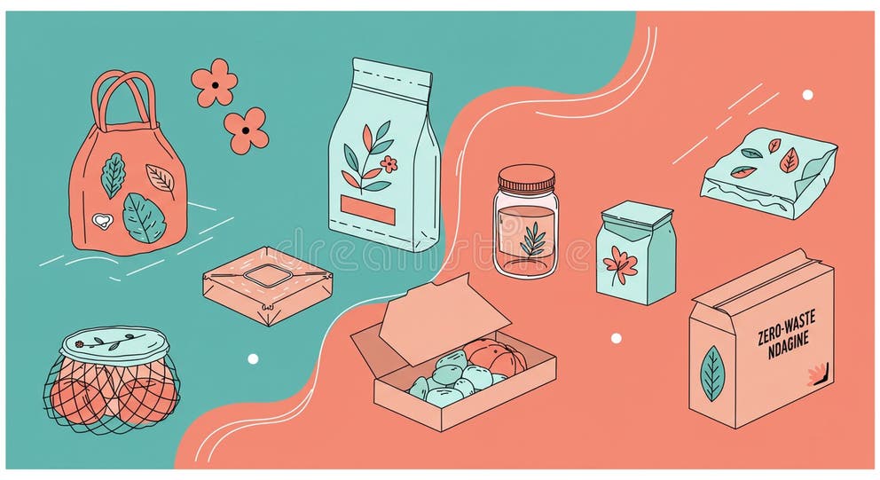 Illustration Featuring Various Eco-friendly Packaging Items on a Split ...
