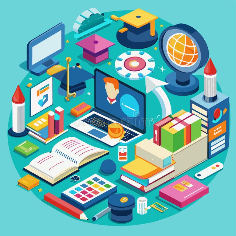 An Illustration Featuring Various Educational Tools and Resources, Including Books, Computers ...