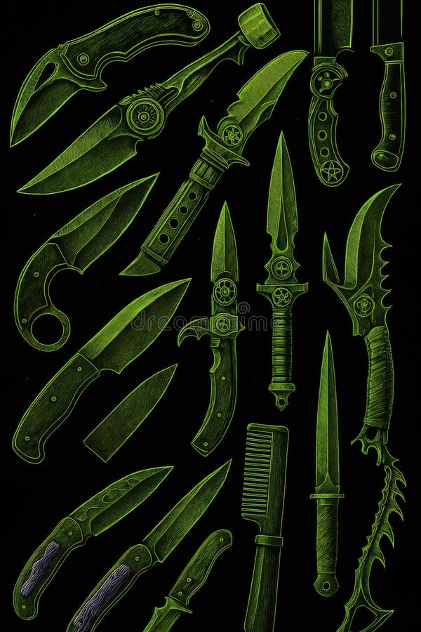 Collection of Knives and Edged Weapons Forming a Pattern on a Dark ...