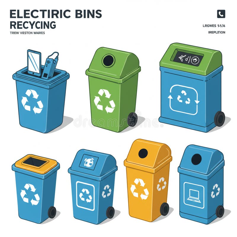 Illustration featuring various recycling bins designed for electronic ...