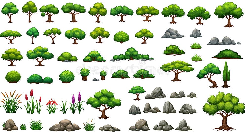 Illustration Featuring Various Types of Greenery and Rocks. a Range of ...