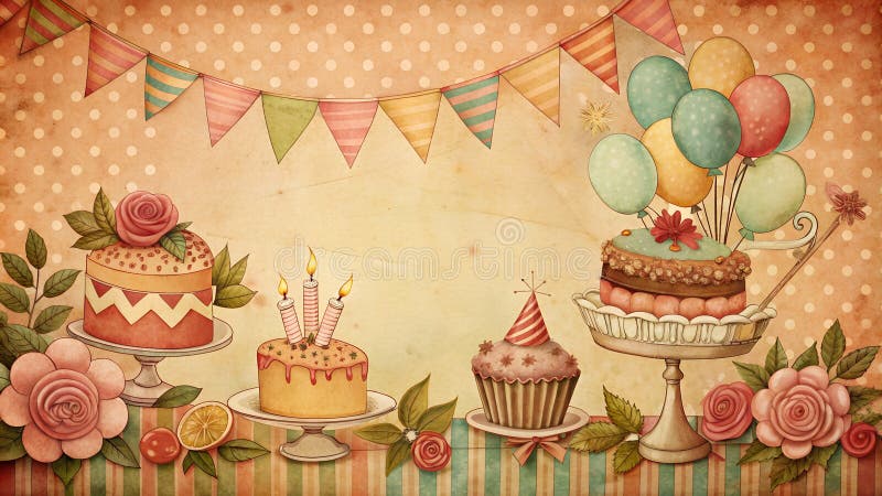 An Illustration Featuring a Vintage Birthday Party Scene with Cakes ...