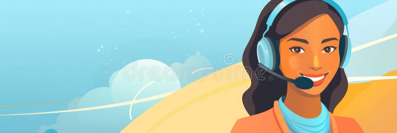 Illustration of a Female Call Center Agent with Headset, Abstract Blue ...
