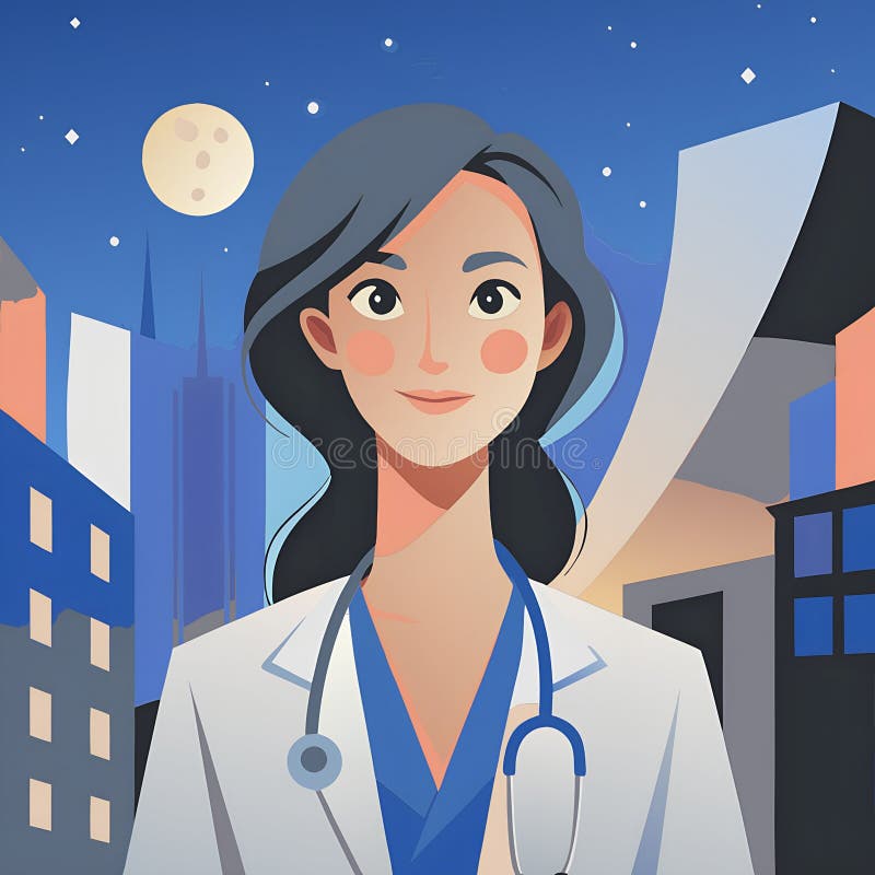 Illustration Of Female Doctor Wearing White Coat And Stethoscope Behind