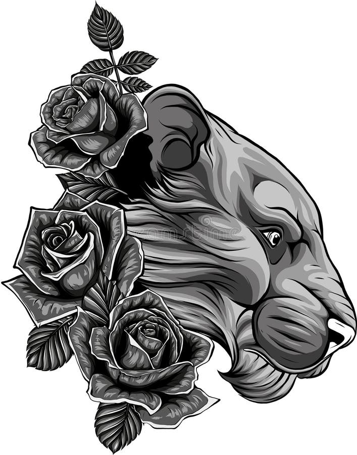 Lion with Roses and Leaves Illustration on Black Background Stock ...