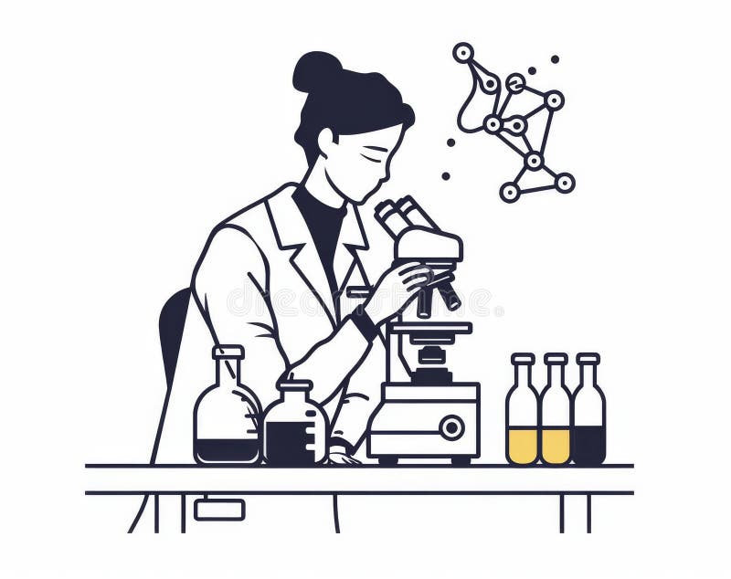 Illustration of Female Scientist Working with Microscope. Research and ...