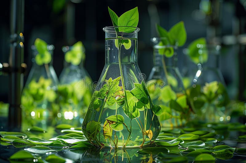 Illustration of Few Beaker of Water with Green Plants in Them, High ...