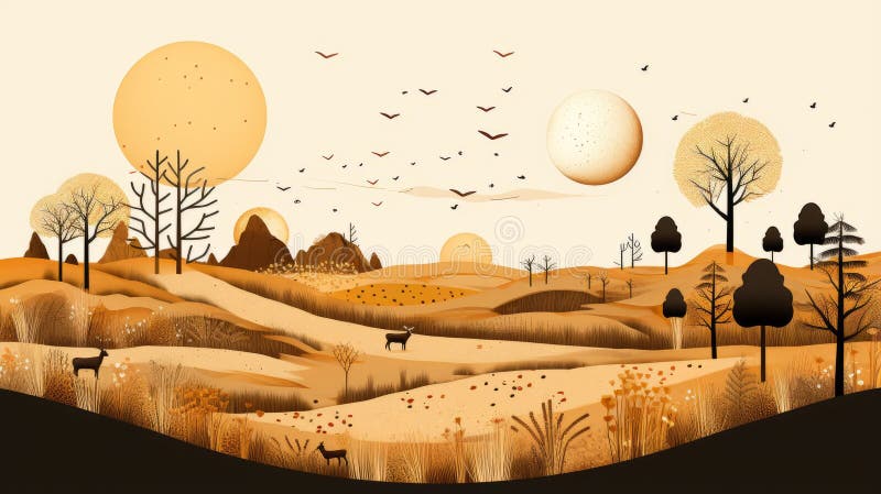 An Illustration of a Field with Trees and Birds Stock Illustration ...