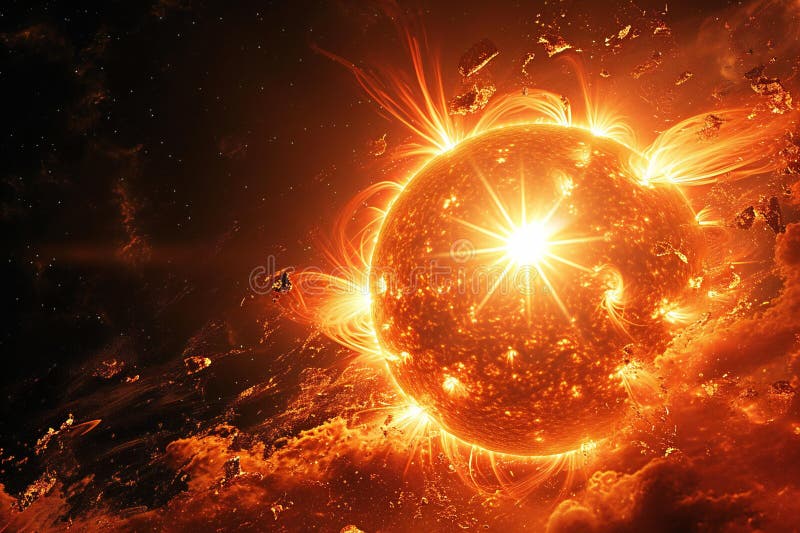 Fiery planet in space, stock illustration. Illustration of sunlight ...