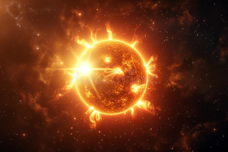 Fiery sun in space stock illustration. Illustration of planet - 356253471