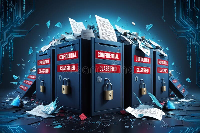 Illustration of Files Pouring Out of a Big Data Folder-- Data Breach ...