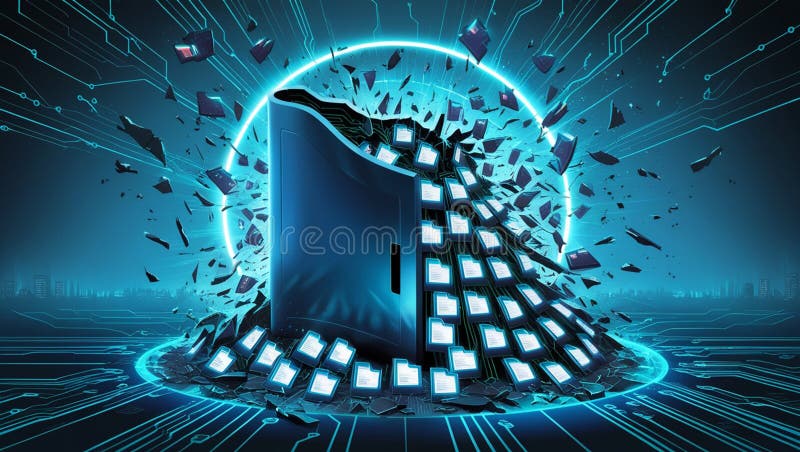 Illustration of Files Pouring Out of a Big Data Folder-- Data Breach ...