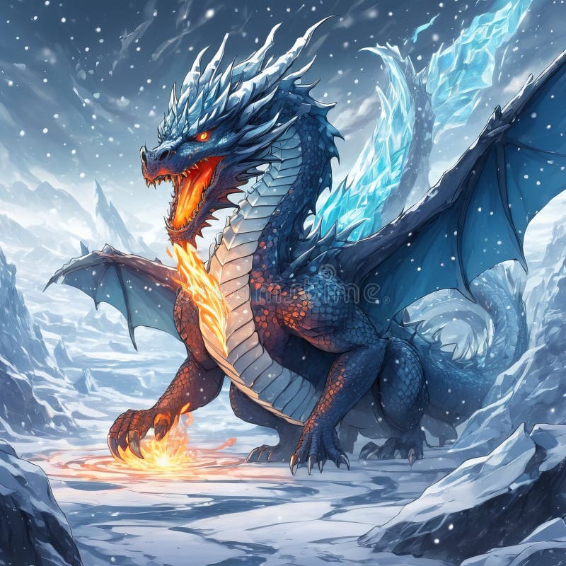 A Fire Breathing Dragon Drawing Amidst a Swirling Snowstorm in an Icy ...