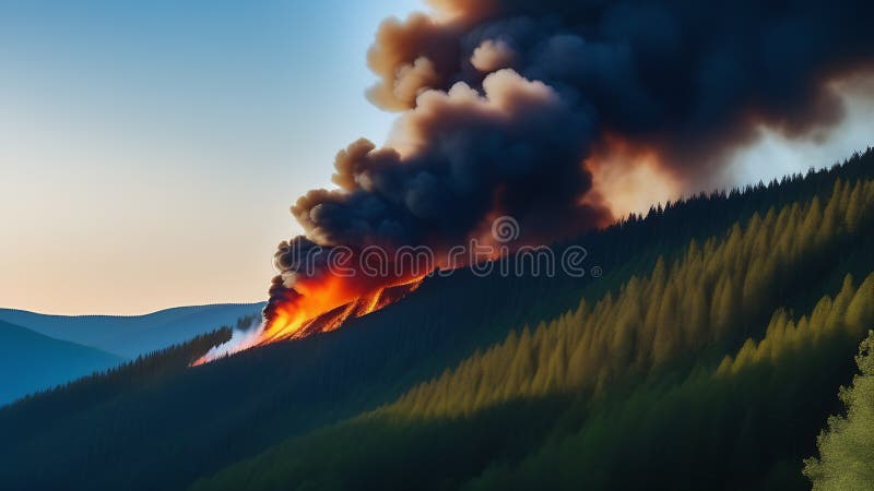 Illustration of a Fire Rising Up a Mountain in the Woods Stock ...