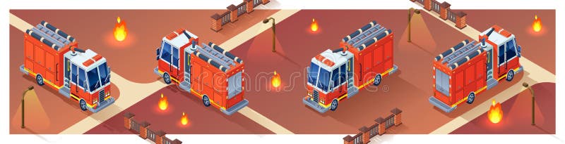 Illustration with Fire Truck Isometric. Four Projections of a Fire ...