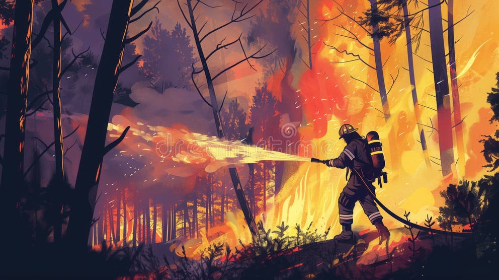 An Illustration of a Firefighter Battling a Forest Fire Stock Image ...