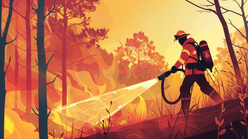 Illustration of a Firefighter Battling a Forest Fire Stock Illustration ...