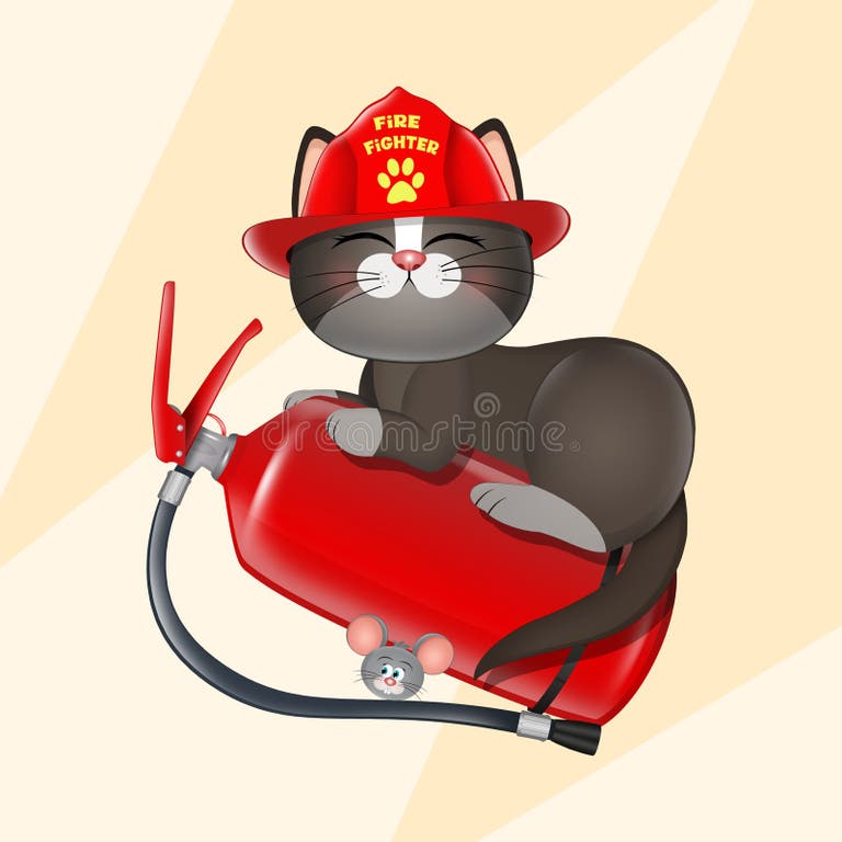 Firefighter Cat on Fire Extinguisher Stock Illustration - Illustration ...