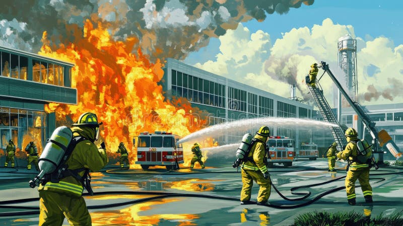 Illustration of Firefighters Responding To a Large Building Fire with ...