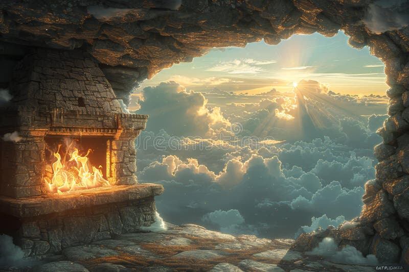 A Fireplace with Flames in the Left Side of an Ancient Stone Grotto, on ...