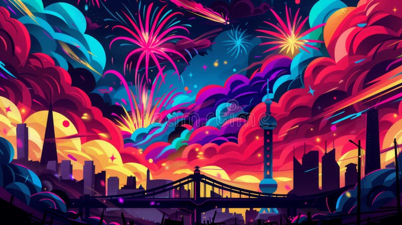 Illustration of Fireworks Exploding Over a City Skyline at Night Stock ...