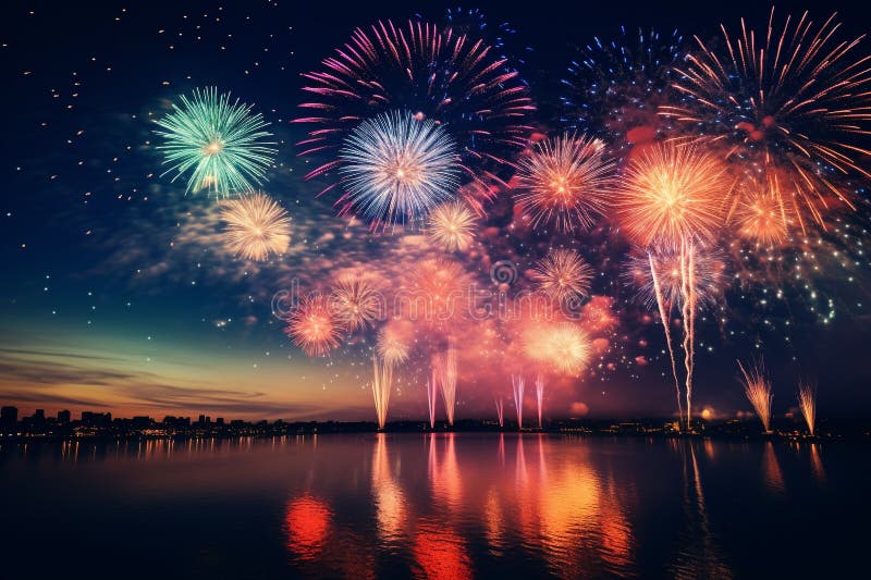 Illustration of Fireworks Over the City. New Year Firework. Generative ...