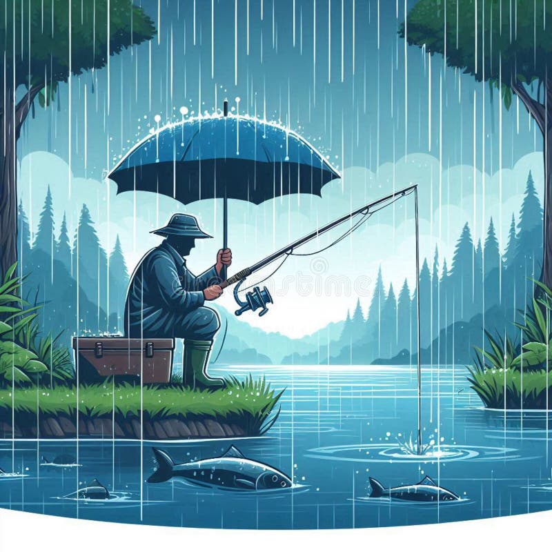 Illustration Fish Angler Fishing in Train with Umbrella Stock ...