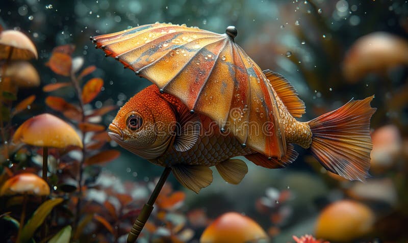Illustration of a Fish with an Umbrella Underwater. Stock Photo - Image ...
