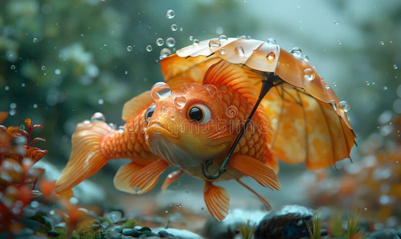 Illustration of a Fish with an Umbrella Underwater. Stock Image - Image ...
