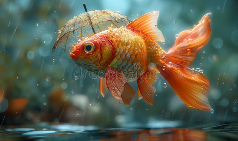 Illustration of a Fish with an Umbrella Underwater. Stock Image - Image ...