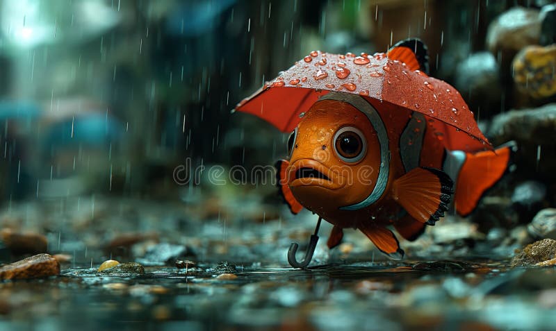 Illustration of a Fish with an Umbrella Underwater. Stock Image - Image ...