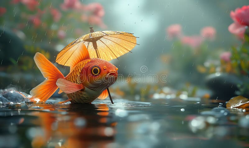Illustration of a Fish with an Umbrella Underwater. Stock Image - Image ...