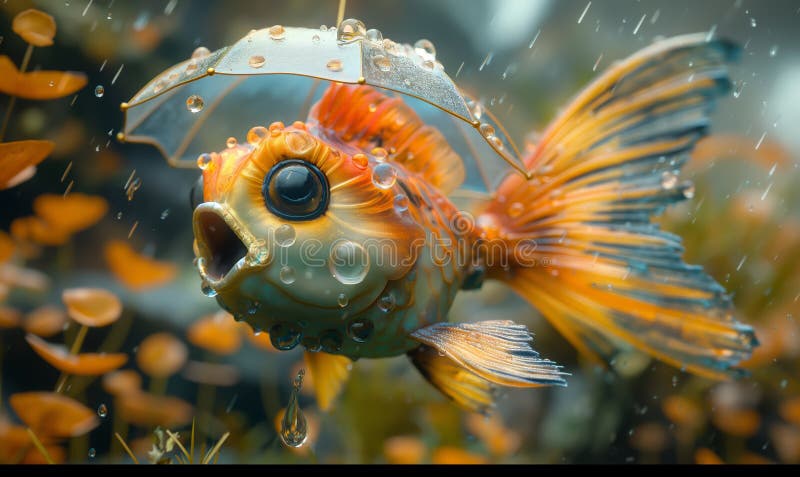 Illustration of a Fish with an Umbrella Underwater. Stock Image - Image ...