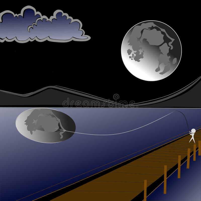 Illustration of Fishing Under the Shadow of a Full Moon at Night on a ...