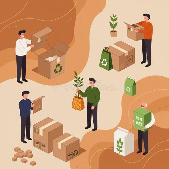 Illustration of Five Men Engaged in Eco-friendly Activities on a Light ...