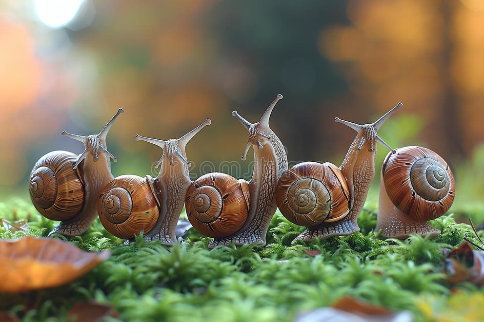 Illustration of Five Snails are Standing on a Green Moss, High Quality ...
