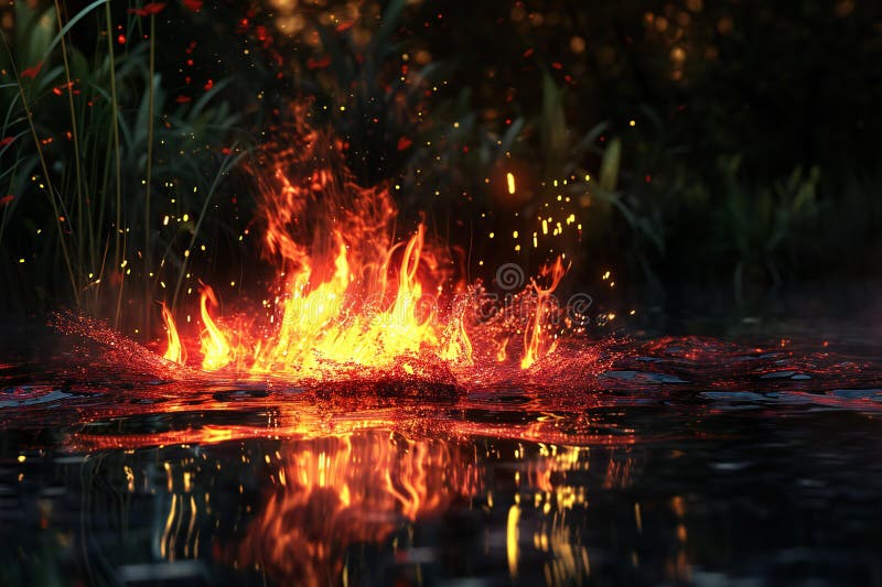 Flames of Fire in a Pond at Night, Close-up Stock Illustration ...
