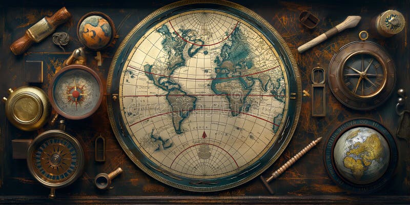 Illustration of a Flat Earth Map Surrounded by Antique Compasses ...