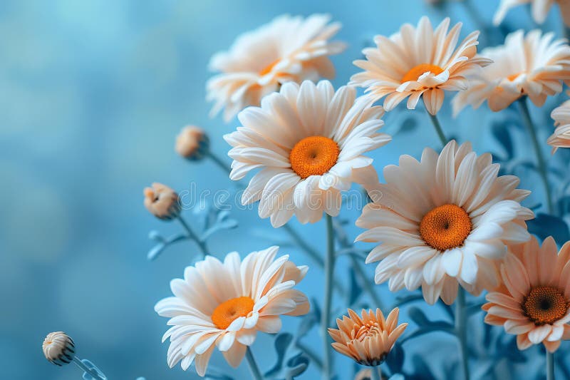 Flat Lay Pattern of Small Daisies on Light Blue Background, Minimalist ...