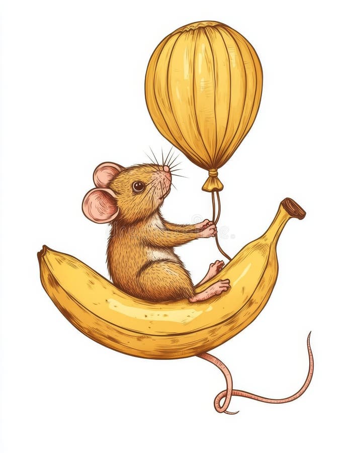 Illustration of a Floating Mouse on a Banana with a Red Balloon Stock Image - Image of floating ...
