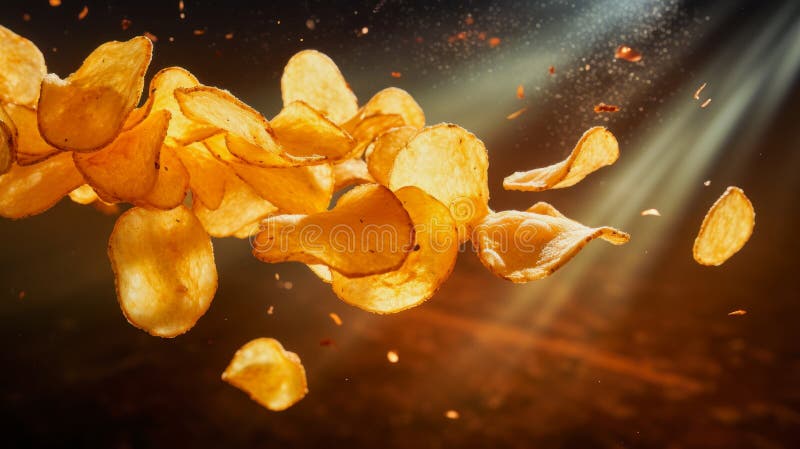 Floating Potato Chips Against Brown Background with Rays Stock ...