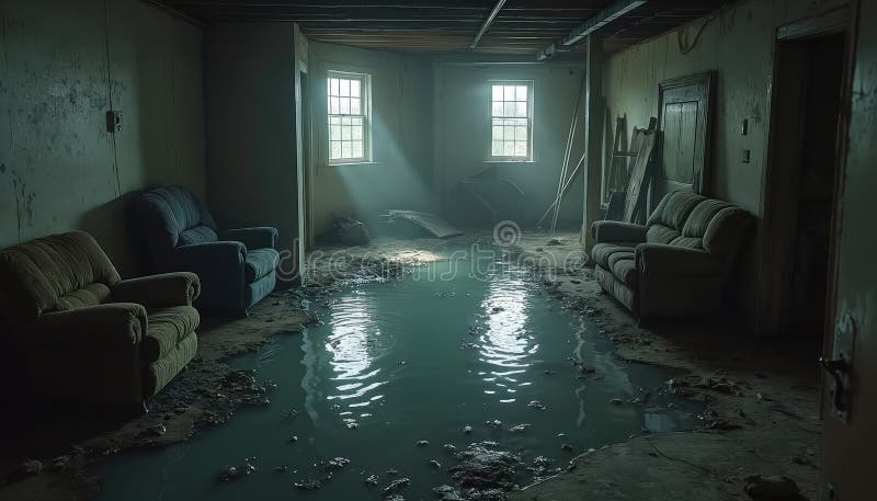 Illustration of Flooded Basement with Standing Water. Interior Damaged ...