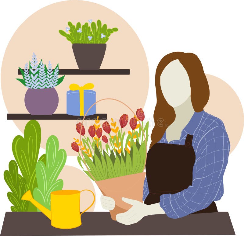 Illustration Florist Works with Flowers Stock Vector - Illustration of ...