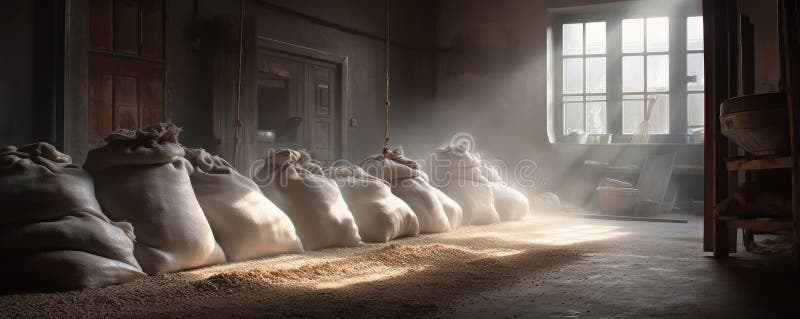 Flour Sacks within a Storage Room Stock Photo - Image of sunlit ...