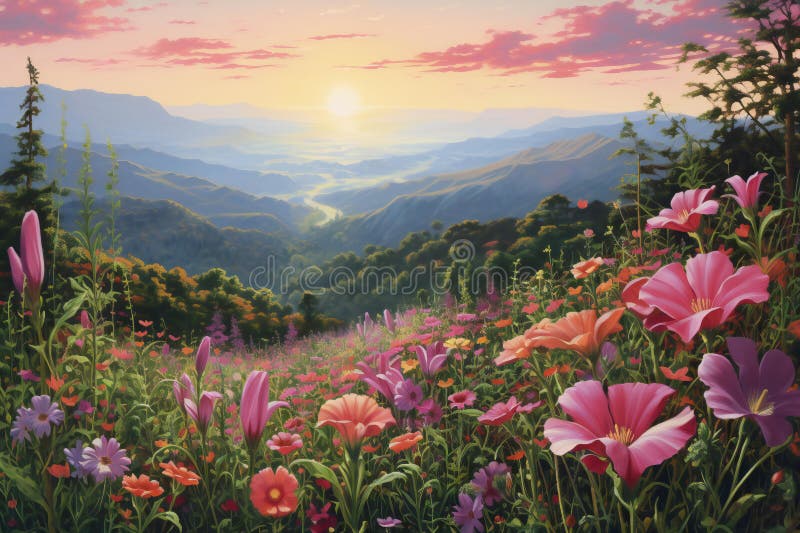 Flower Meadow in the Mountains at Sunset, Nature Background Stock ...
