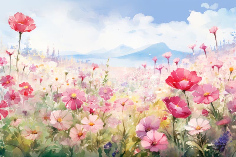 Illustration of Flower Meadow in Spring. Generative Ai Stock Image - Image of meadow, sunny ...
