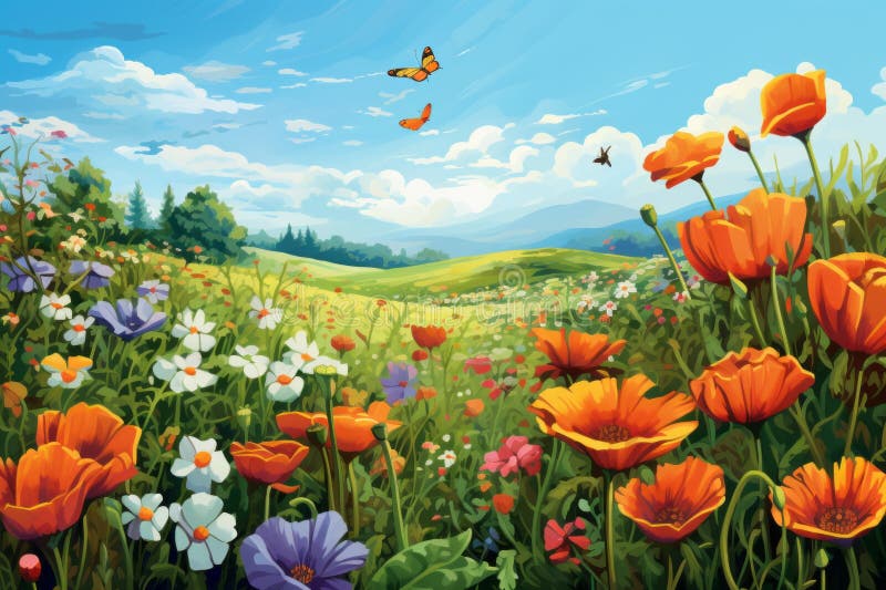 Illustration of Flower Meadow in Spring. Generative Ai Stock Image - Image of drawing, plant ...