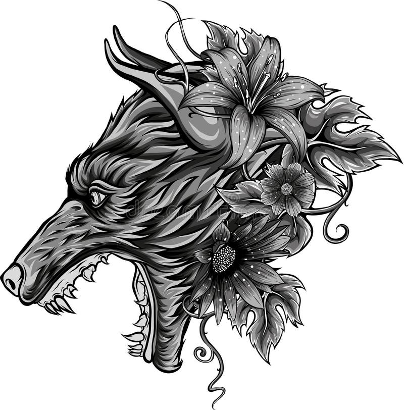 Monochromatic Illustration of Flowers and Wolf S Head Stock Vector ...