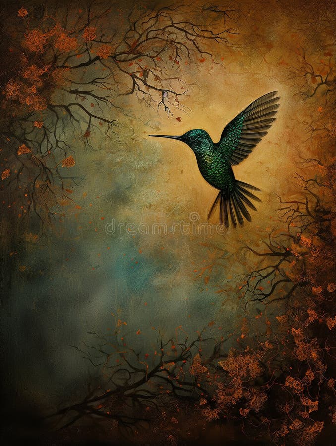 Illustration of a Flying Hummingbird in the Autumn Forest..Generative ...