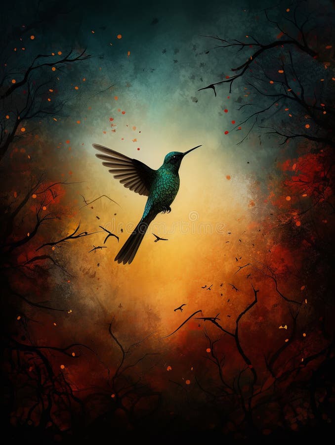 Illustration of a Flying Hummingbird in the Autumn Forest..Generative ...